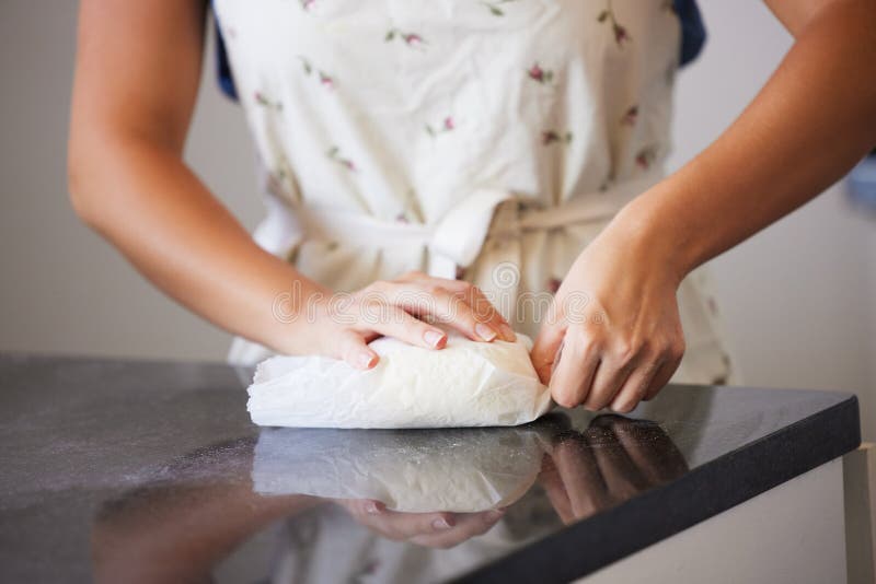 Bakery, Person and Hand with Dough on Table for Meal Prep, Process or ...