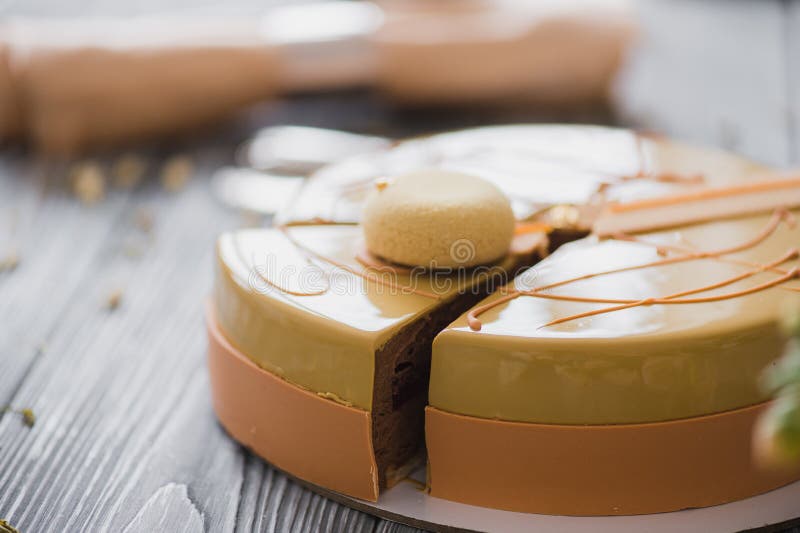 Bakery with Piece of Unusual Yellow Mousse Cake with Almond Dacquoise ...