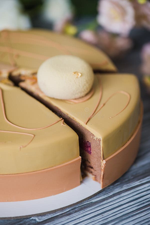 Bakery with Piece of Unusual Yellow Mousse Cake with Almond Dacquoise ...