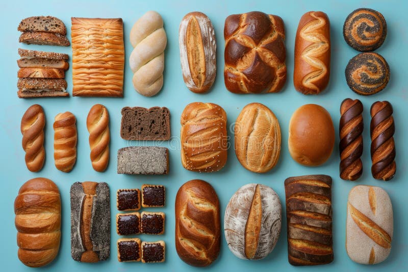 Bakery Products Flat Lay on Blue Background Stock Image - Image of ...