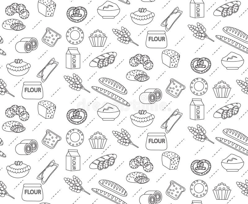 Bakery Seamless Pattern. Line, Outline, Doodle Style. Bread and Buns ...