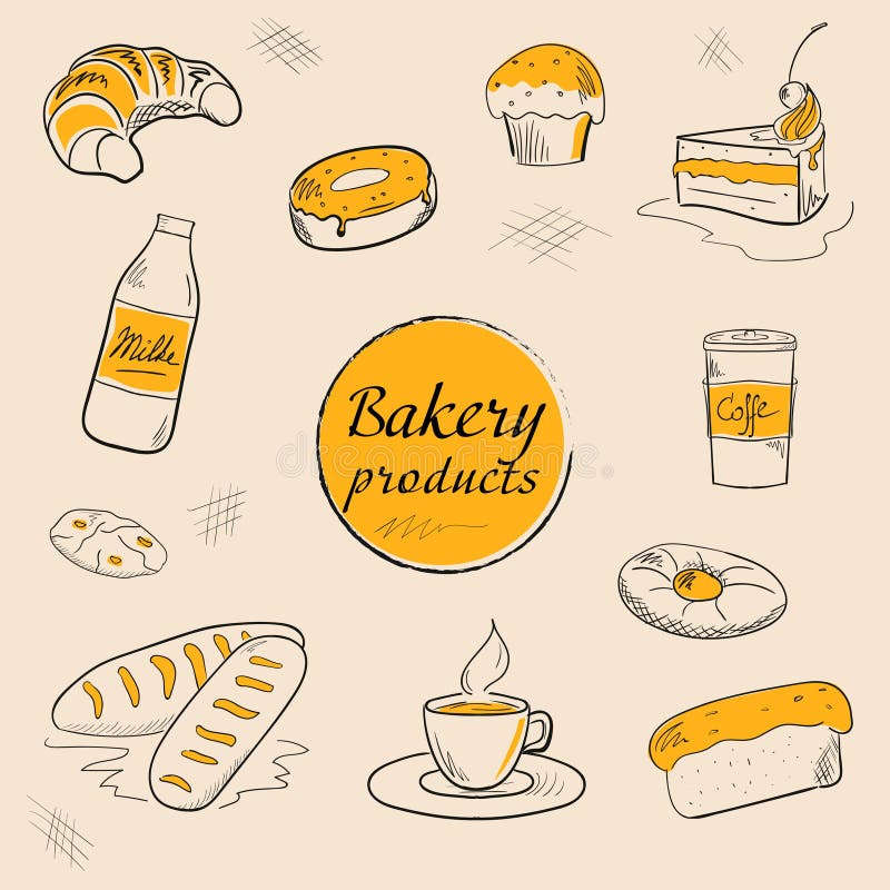 Vector Hand Drawn Colored Bakery Elements Stock Vector - Illustration of bread, cafe: 111548185