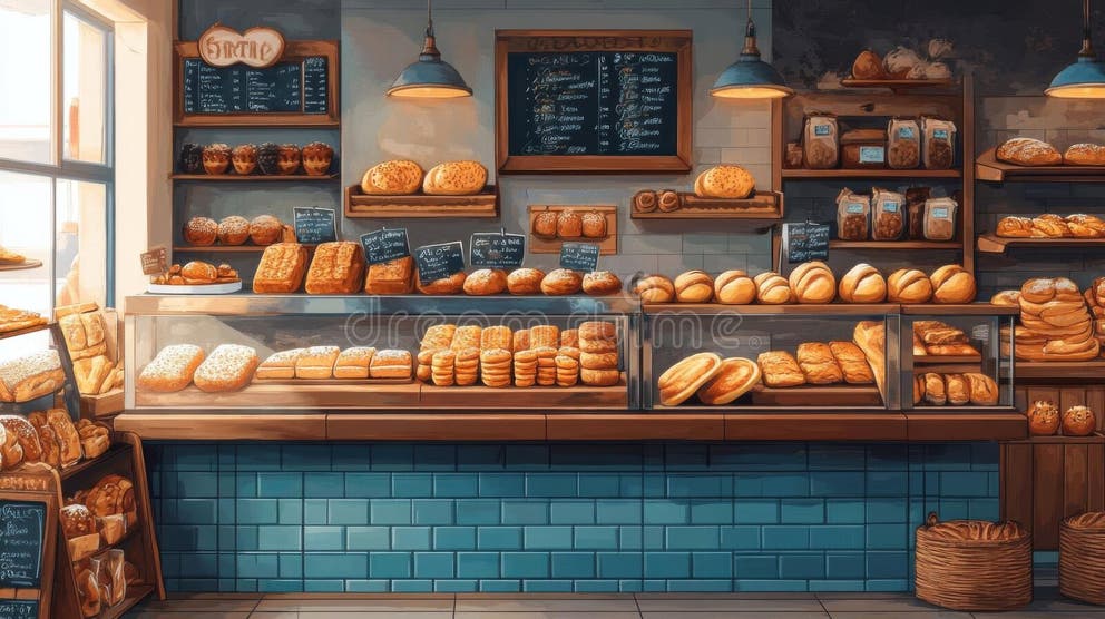 Bakery Shop Interior with Breads and Rolls. 3D Rendering Stock Illustration - Illustration of ...