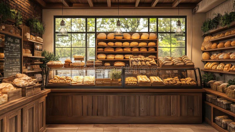 Bakery Shop Interior with Shelves Full of Fresh Bread. 3d Rendering ...