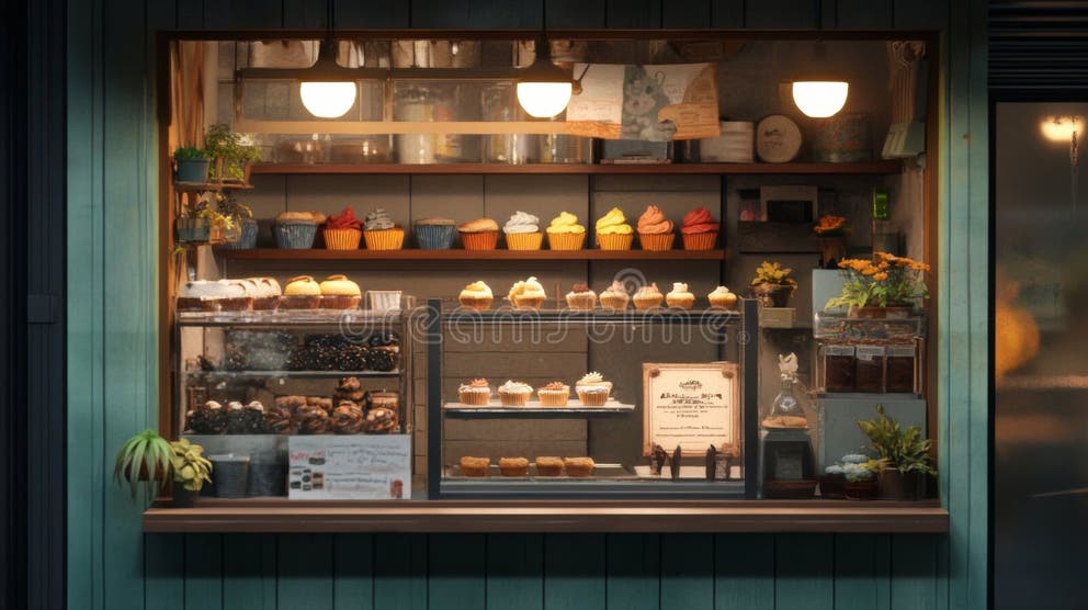 A Bakery Shop Window Display with Assorted Cupcakes and Pastries Stock ...