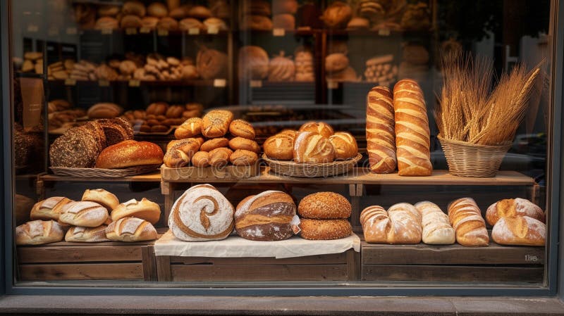 Bakery Shop Window and Display. Various Types of Bread Stock ...