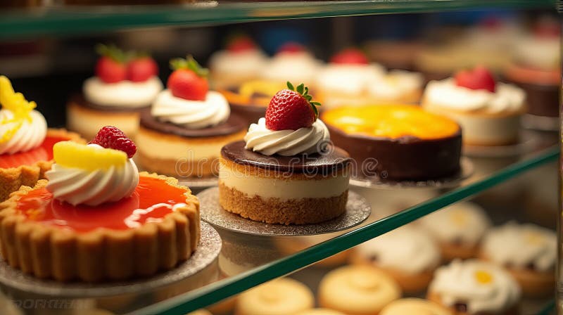Bakery Showcase: Assorted Cakes and Pastries in Display Case (Generated ...