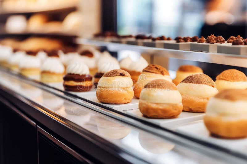 Bakery Showcase with Delicious Pastries Close Up Stock Illustration ...