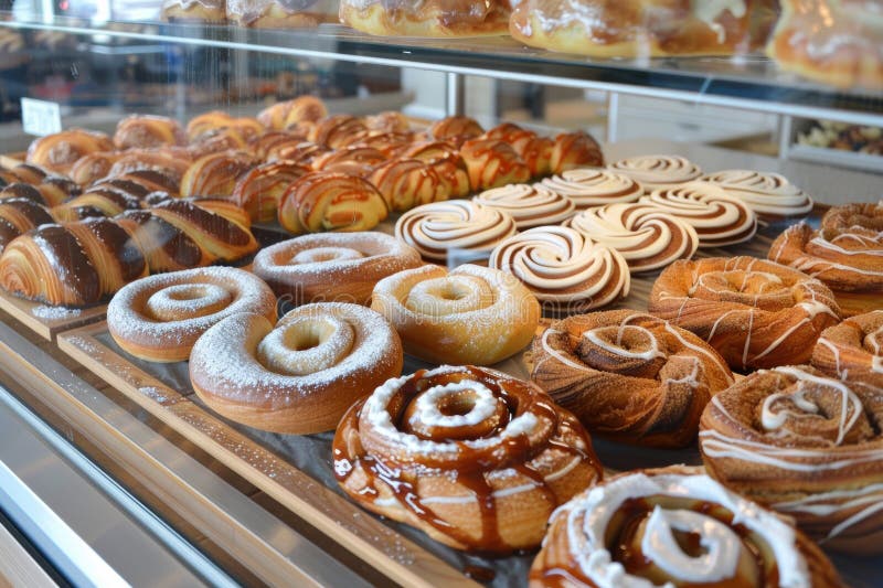 A Bakery Showcase Filled with Flaky Swirls Drizzled with Caramel and ...