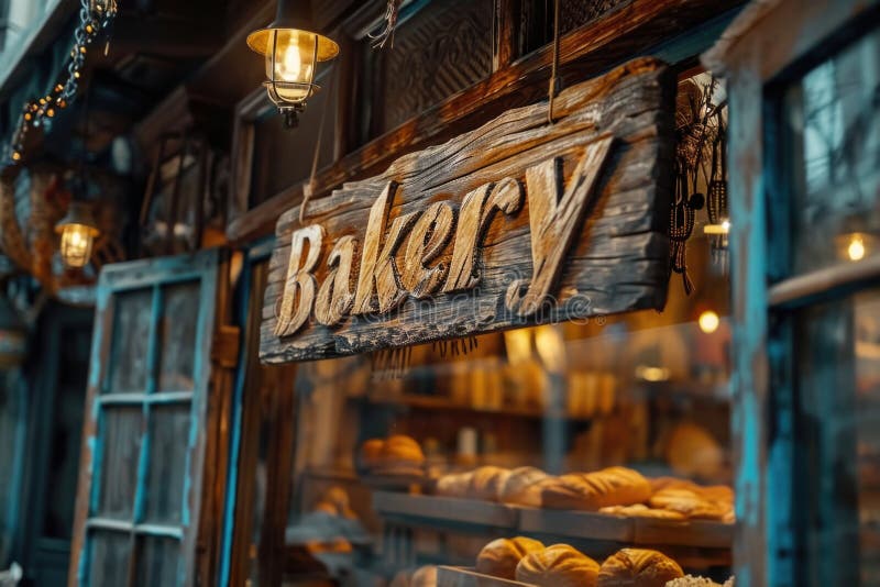 A Bakery Sign Hanging from the Side of a Building Stock Photo - Image ...