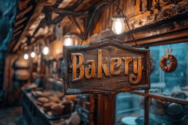 A Bakery Sign Hanging from the Side of a Building Stock Image - Image ...