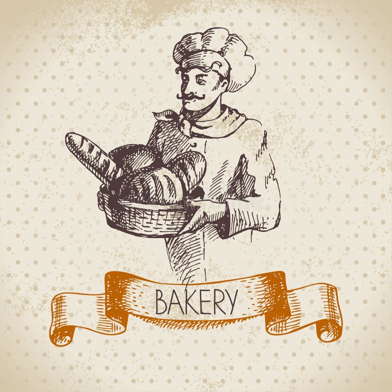 Sketch Of A Baker Stirring Dough For Fresh Pasty. Cartoon Hand Drawn ...