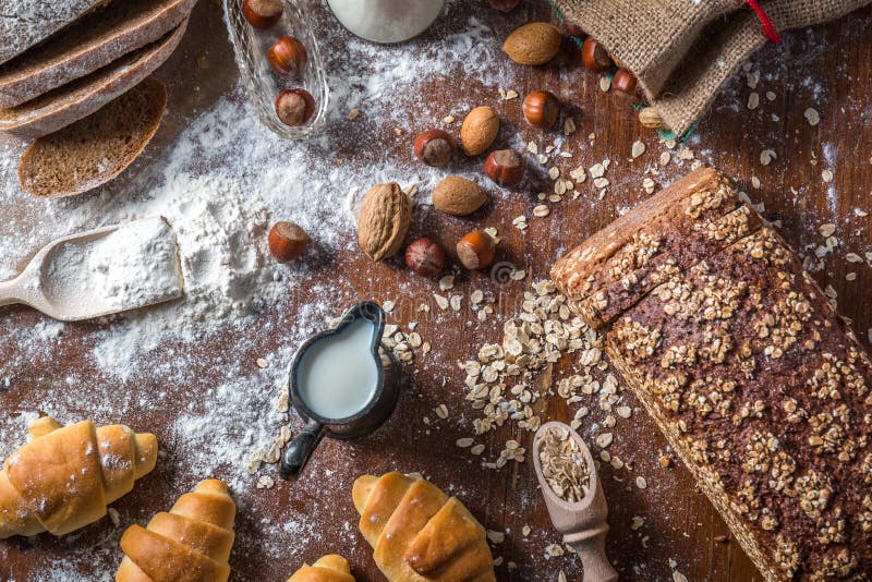 At the Bakery, Still Life with Mini Croissants, Bread, Milk, Nuts and ...
