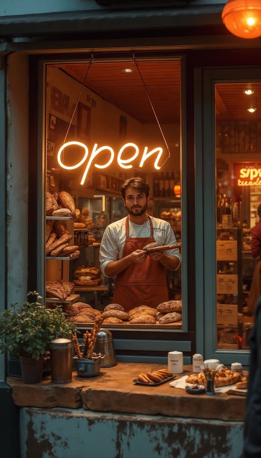 Bakery Storefront with a Baker Holding a Pastry and an Open Sign in the ...