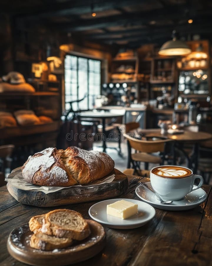 A Bakery with a Table Full of Bread, Butter, and Coffee Stock Image ...