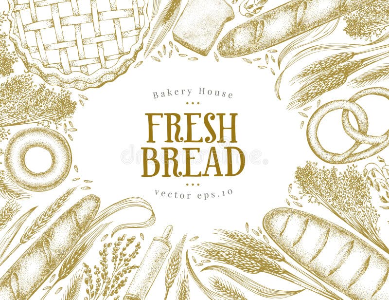 Bakery Top View Banner. Hand Drawn Frame with Bread, Pastry, Wheat ...
