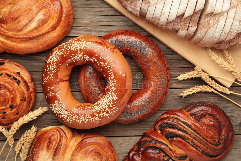 Bakery - Various Kinds of Breadstuff. Bread Rolls, Bagel, Sweet Bun on ...