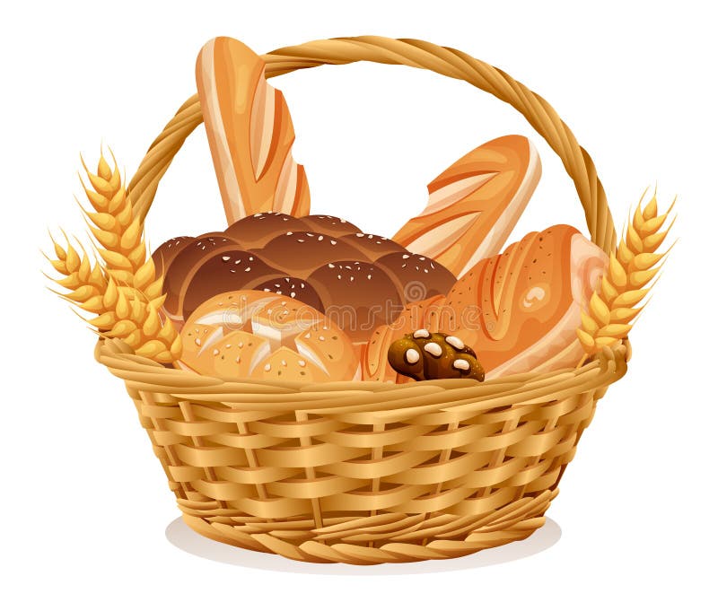 Bakery in Wicker Basket Vector Illustration. Basket with Wheat and ...