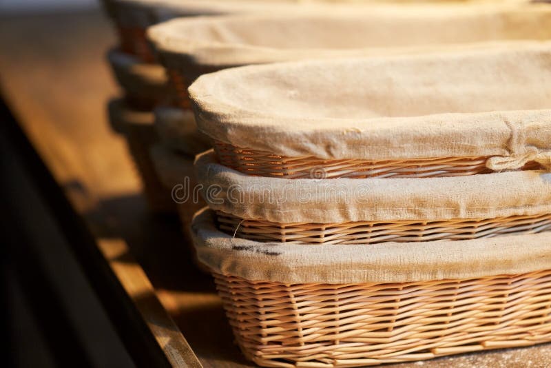 Bakery Wicker Baskets on Wooden Kitchen Table Stock Photo - Image of ...