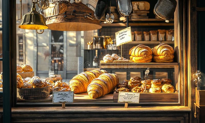 A Bakery Window Display with a Variety of Breads and Pastries. Scene is ...