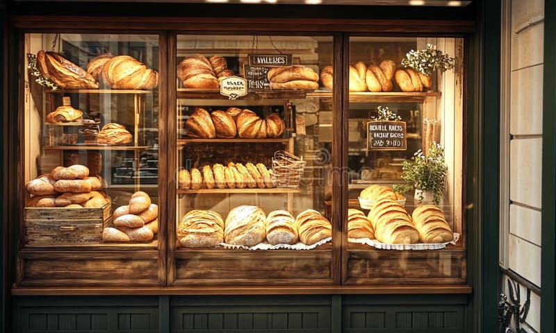A Bakery Window Display with a Variety of Breads and Pastries. Scene is ...