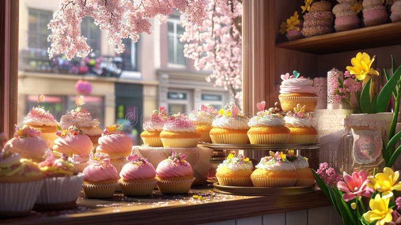 Bakery Window Displaying Fresh Pastries Cupcakes Decorated Stock Photos ...