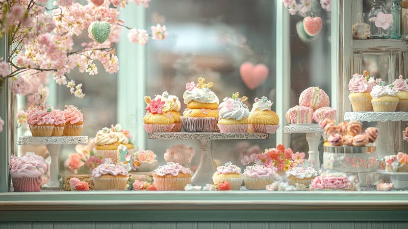 A Bakery Window Displaying Fresh Pastries and Cupcakes Decorated with ...