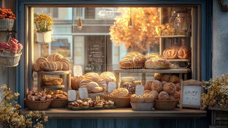 A Bakery Window Displaying Freshly Baked Loaves of Bread and Sweet ...