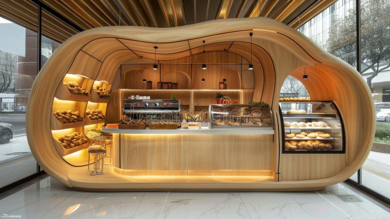 A Bakery with a Wooden Interior and a Curved Counter Stock Photo ...