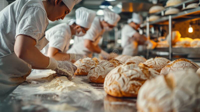 Bakery Workers Shaping Loaves of Bread on a White Table in a Well-lit ...