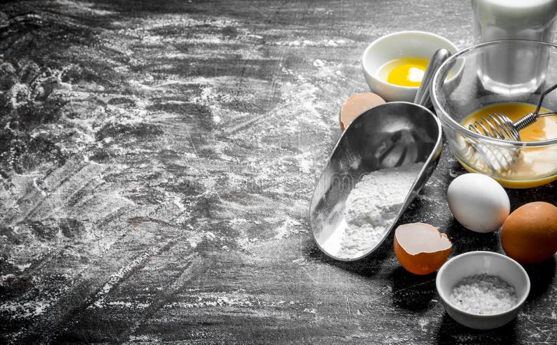 Baking Background. Flour with Eggs and Milk Stock Photo - Image of milk ...