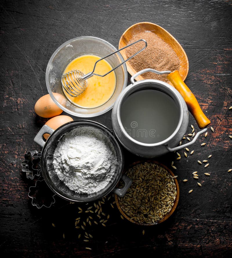 Baking Background. Flour with Honey, Milk and Egg on the Cutting Board ...