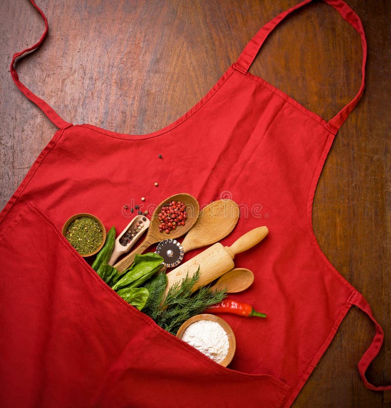 Baking Background with Red Apron, Rolling Pin, Herbs and Kitchen ...