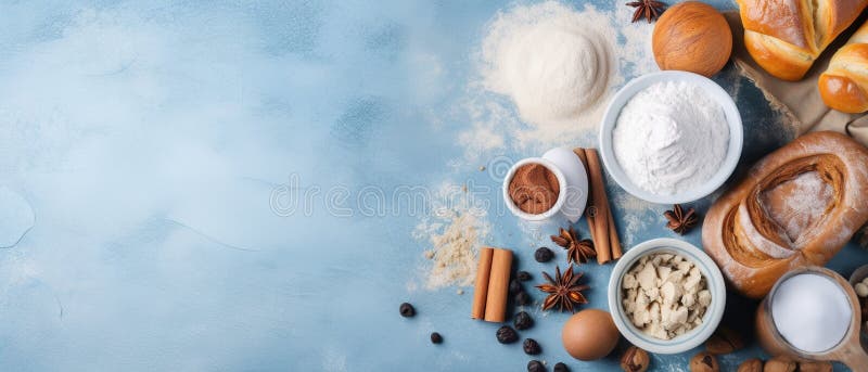 Baking Background. Various Baking Ingredients on Blue Background. Top ...