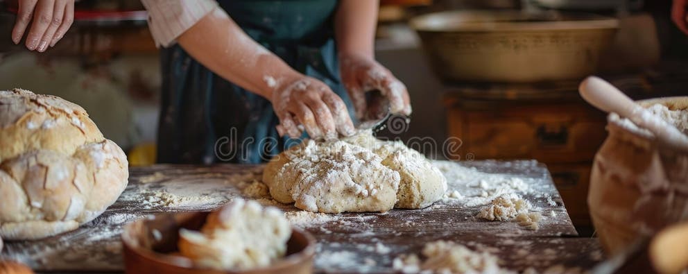 Baking Bread with Hands Covered in Flour in a Rustic Kitchen Stock ...