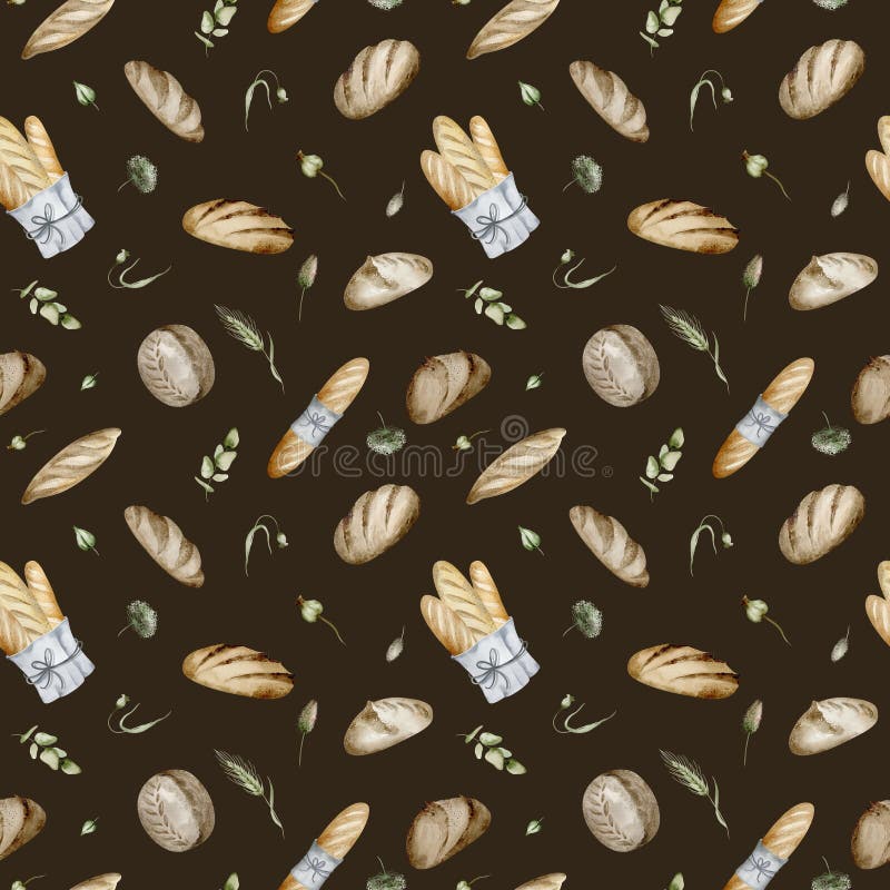 Baking Bread Seamless Pattern. Watercolor Background of Prepared Food ...