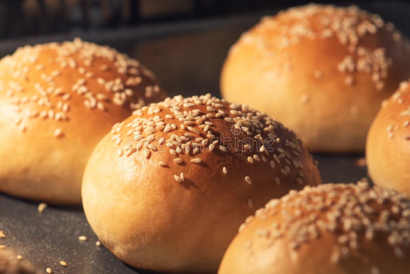 Baking buns in the oven stock image. Image of bread - 266430911