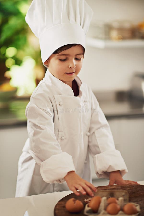 Baking, Child and Chef in Kitchen for Learning or Development with Eggs ...