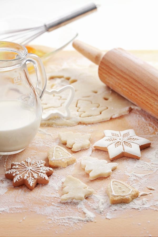 Woman Making Christmas Cookies at Wooden Table, Top View Stock Photo ...