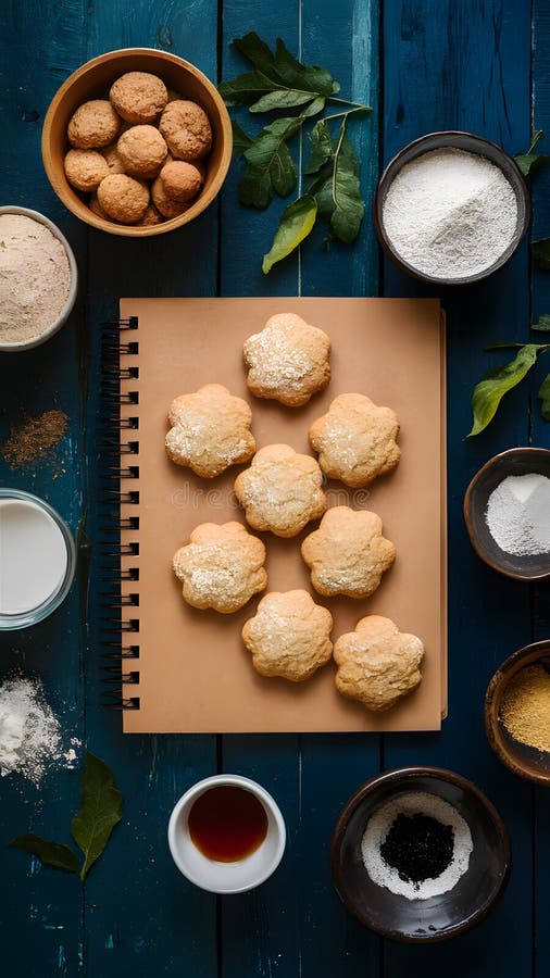 Baking Cookies Layout with Notebook and Ingredients, Top View Stock Illustration - Illustration ...