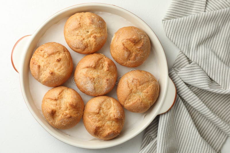 Baking Dish with Homemade Tasty Buns on White Table, Top View Stock ...