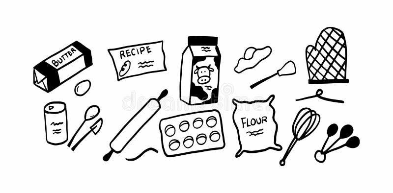 Baking Doodle Set Minimalist Two Color Black & White Vector ...