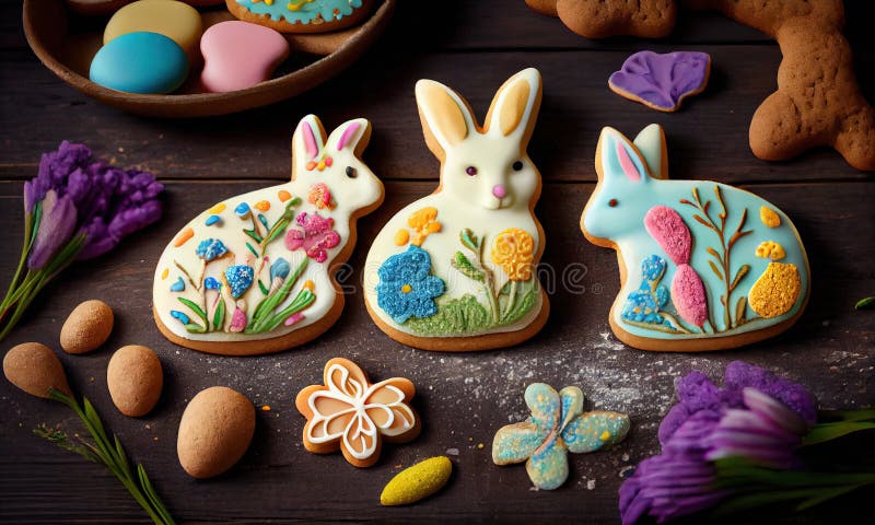 Baking Easter Bunny Cookies, Easter Eggs and Flowers Decorated with ...