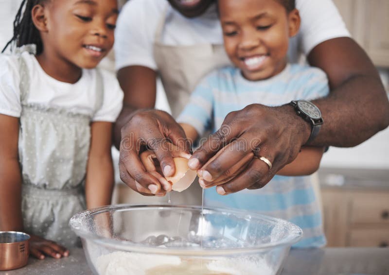 Baking, Eggs and Father with Children in Kitchen for Bonding, Learning ...