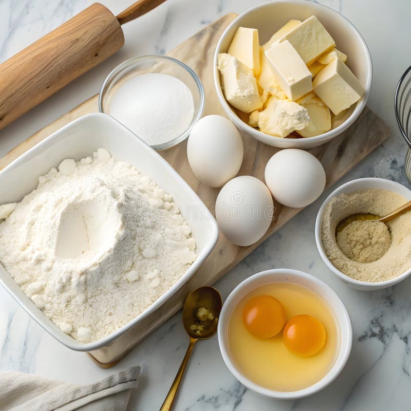 Baking Essentials Flat Lay on Marble Countertop – Eggs, Flour & Butter Stock Illustration ...