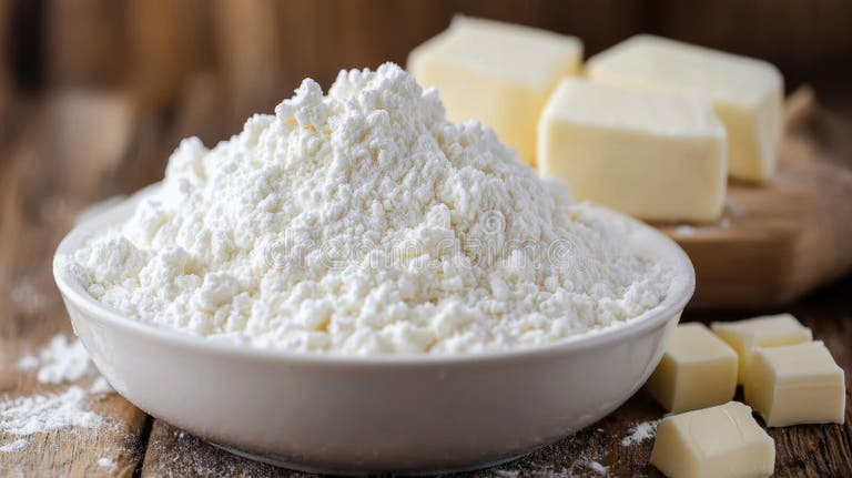 Baking Essentials with Flour and Butter on Rustic Wooden Table for ...