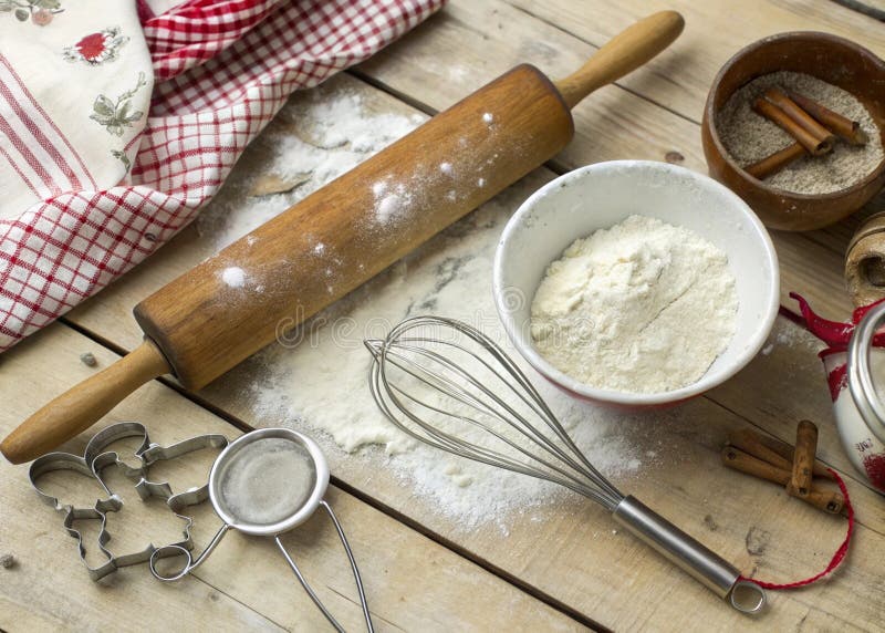 Baking Essentials Including a Rolling Pin, Whisk, and Measuring Spoons ...