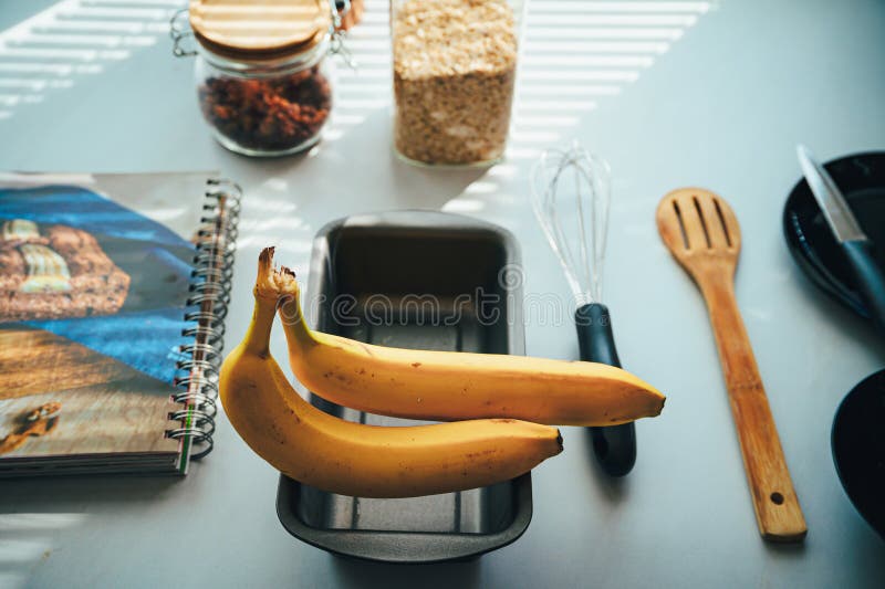 Baking Essentials on a Kitchen Counter: Ingredients for Perfect Banana ...
