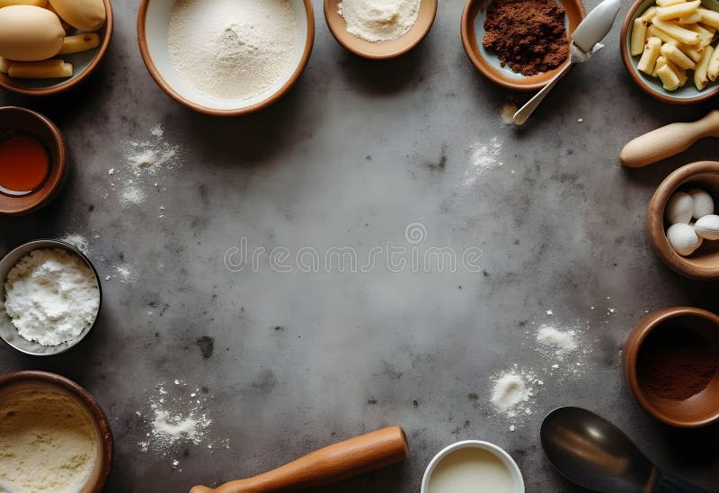 Baking Essentials Scattered on Wooden Table Stock Photo - Image of ...
