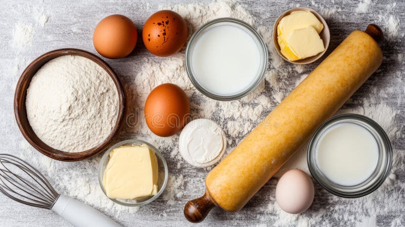 Baking Essentials TopDown View of Dough Preparation with Flour Eggs and ...